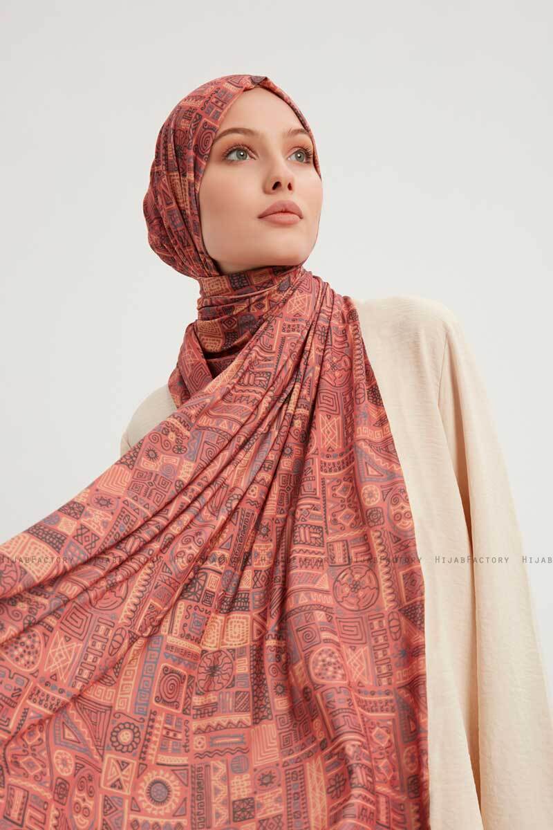 Gulya - Mursteinsrød Mønstret Hijab - Hijabfactory.no